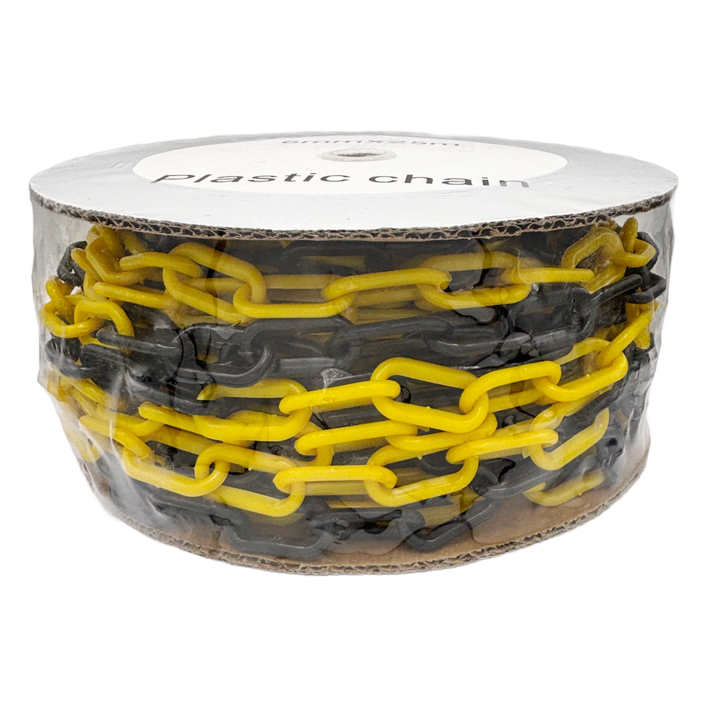6mm 8mm Yellow and Black plastic chain on 25 meter reels | GS Products